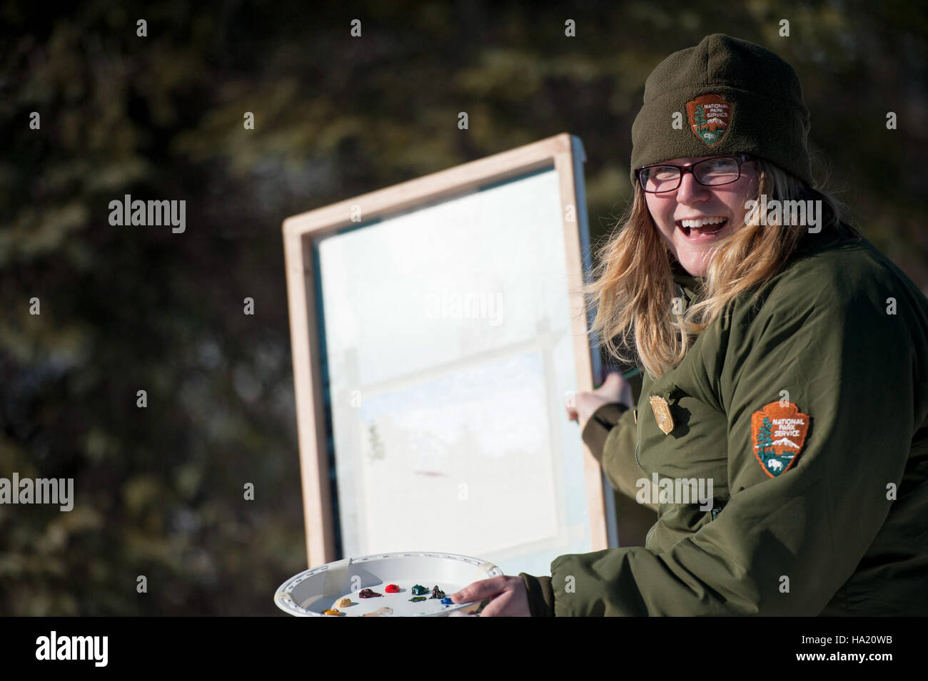 A park ranger in Denali National Park uses an easel to present ...