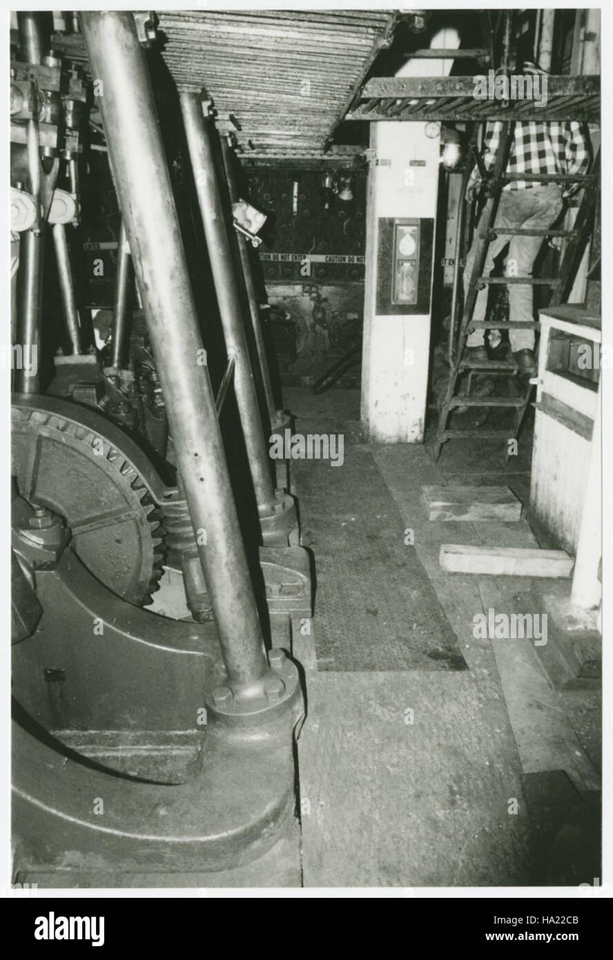 A view of the Wapama steam schooner’s engine room, taken between 1988 ...