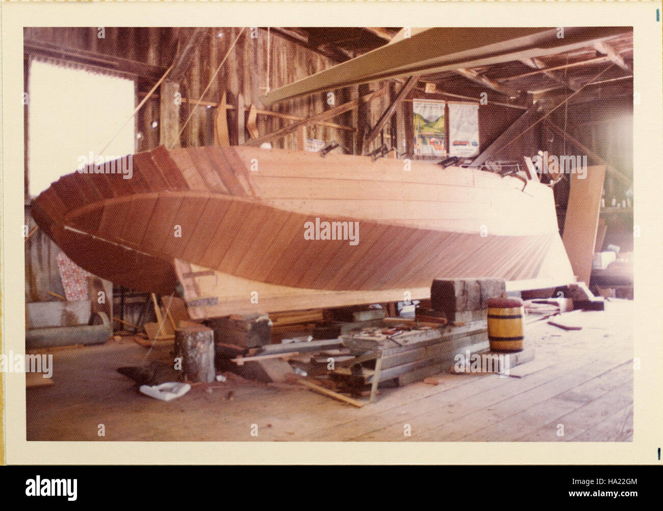 A boat under construction at Aeolus Boat Shop, showing the hull and ...