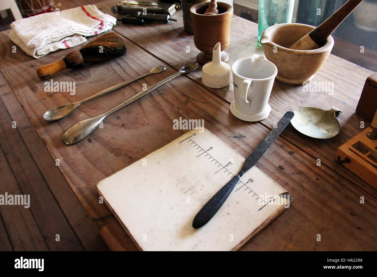 A collection of historical doctor's tools on display at Fort Pulaski ...
