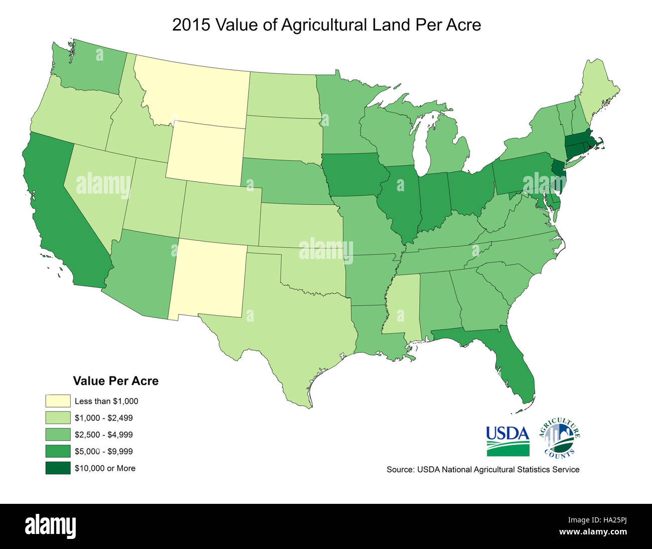 This map from the USDA illustrates the value of agricultural land per ...