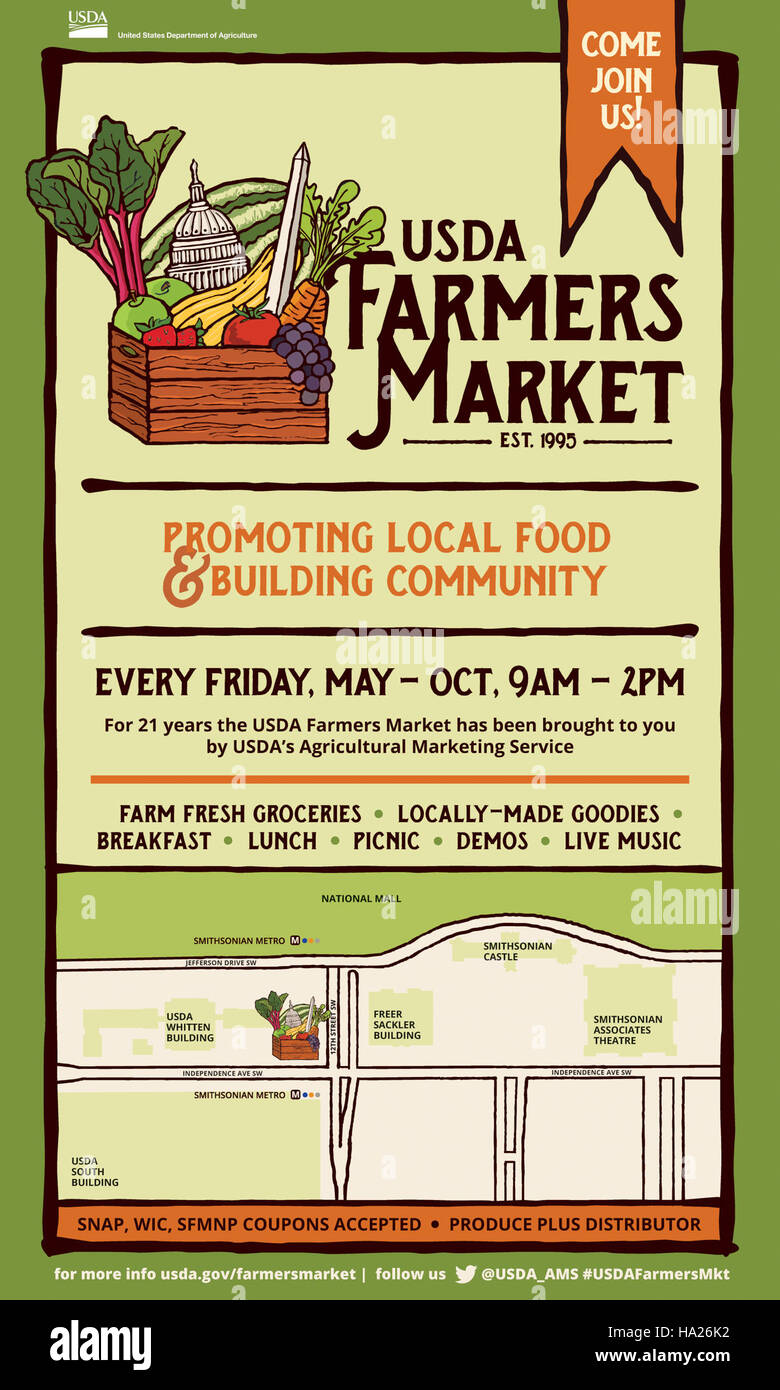 This image features a promotional poster for the USDA Farmers Market ...