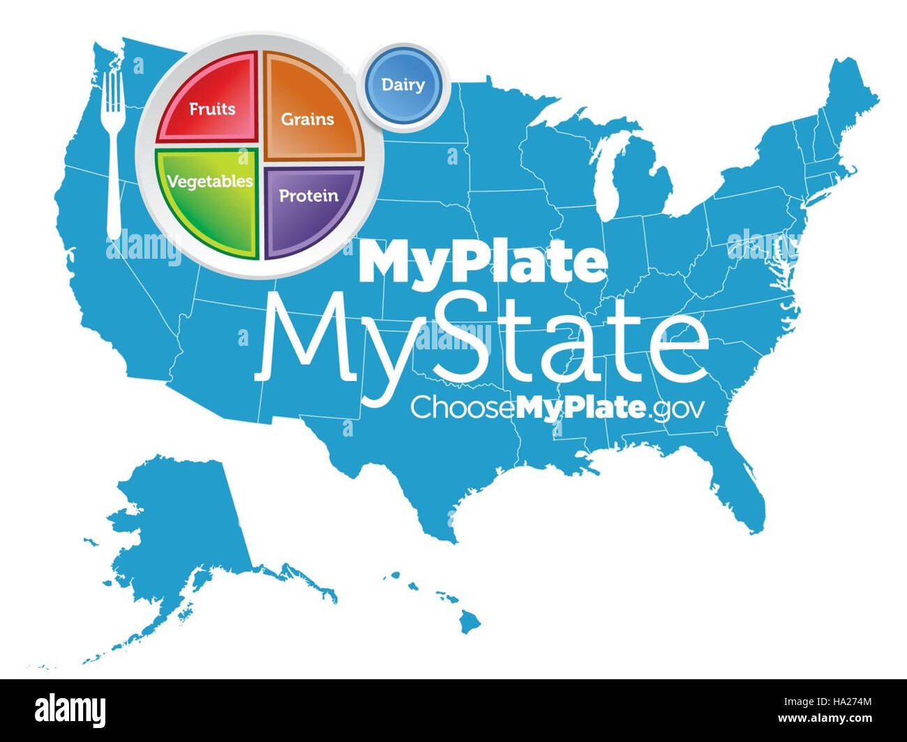 The image features the USDA’s MyPlate initiative alongside a U.S. state ...