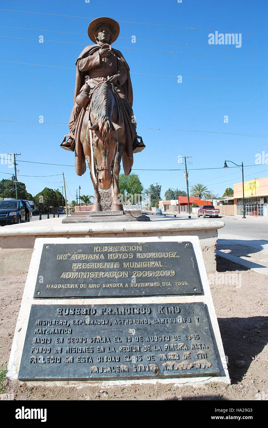 This image shows the Kino statue in Magdalena, located along the Anza ...