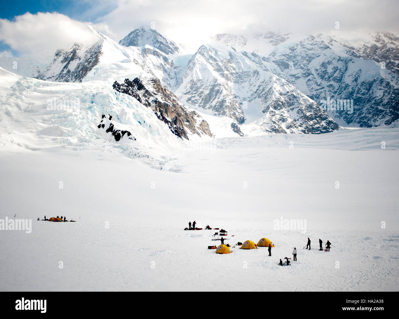 The image shows a view of a climbing camp in Denali National Park ...
