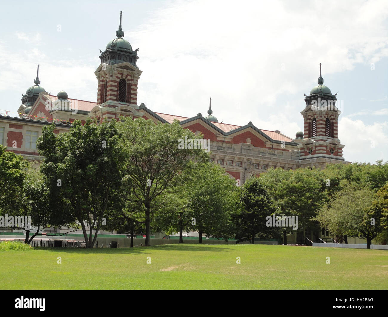 The image captures the impressive structure of the Ellis Island ...