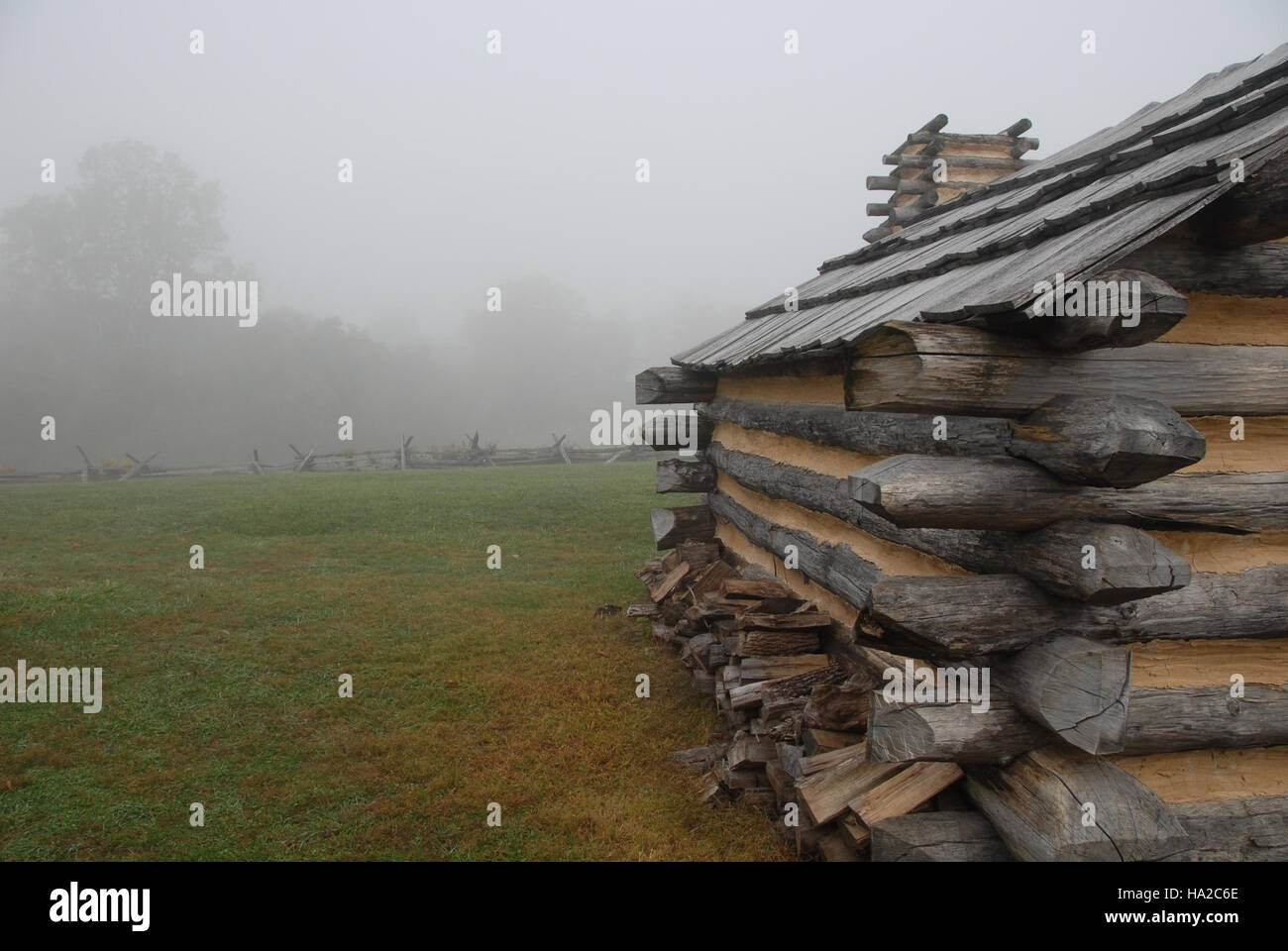 Fog envelops the landscape of Valley Forge National Park, offering a ...