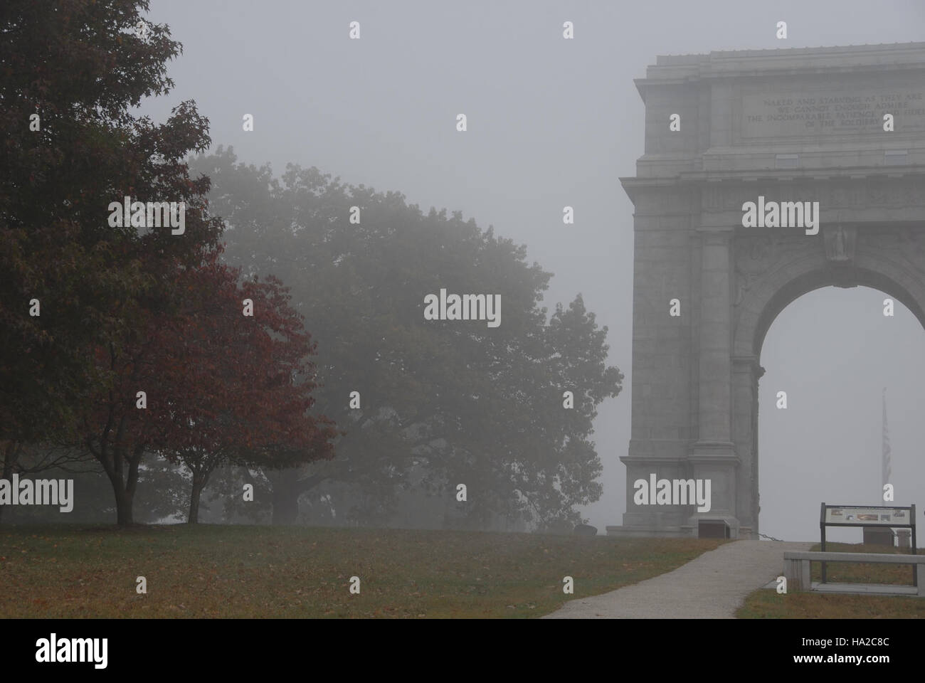 A foggy autumn morning in Valley Forge National Historical Park offers ...
