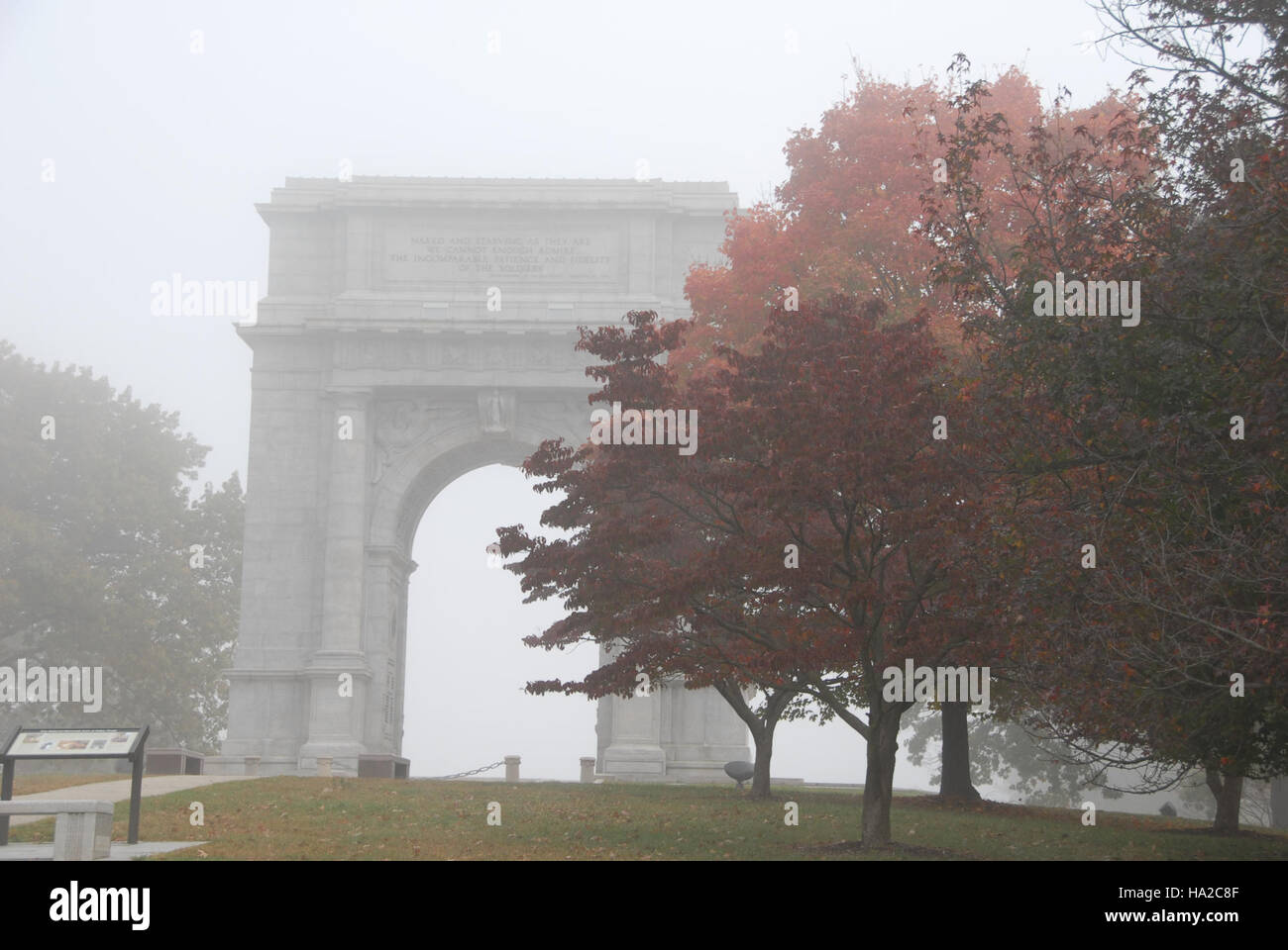 A misty autumn scene at Valley Forge National Historical Park captures ...