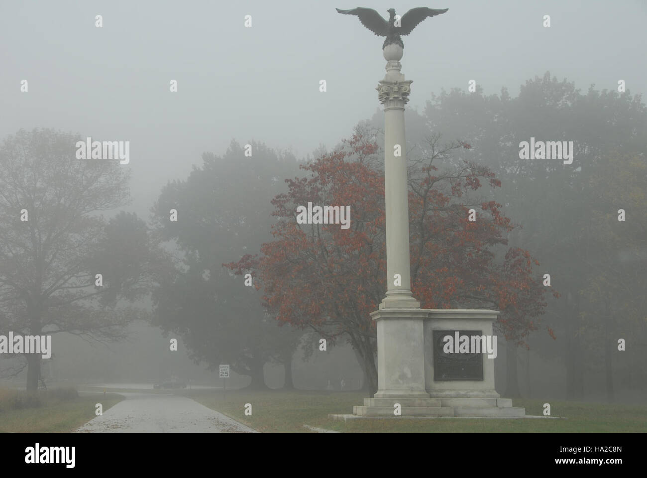The tranquil foggy landscape of Valley Forge National Park in fall ...