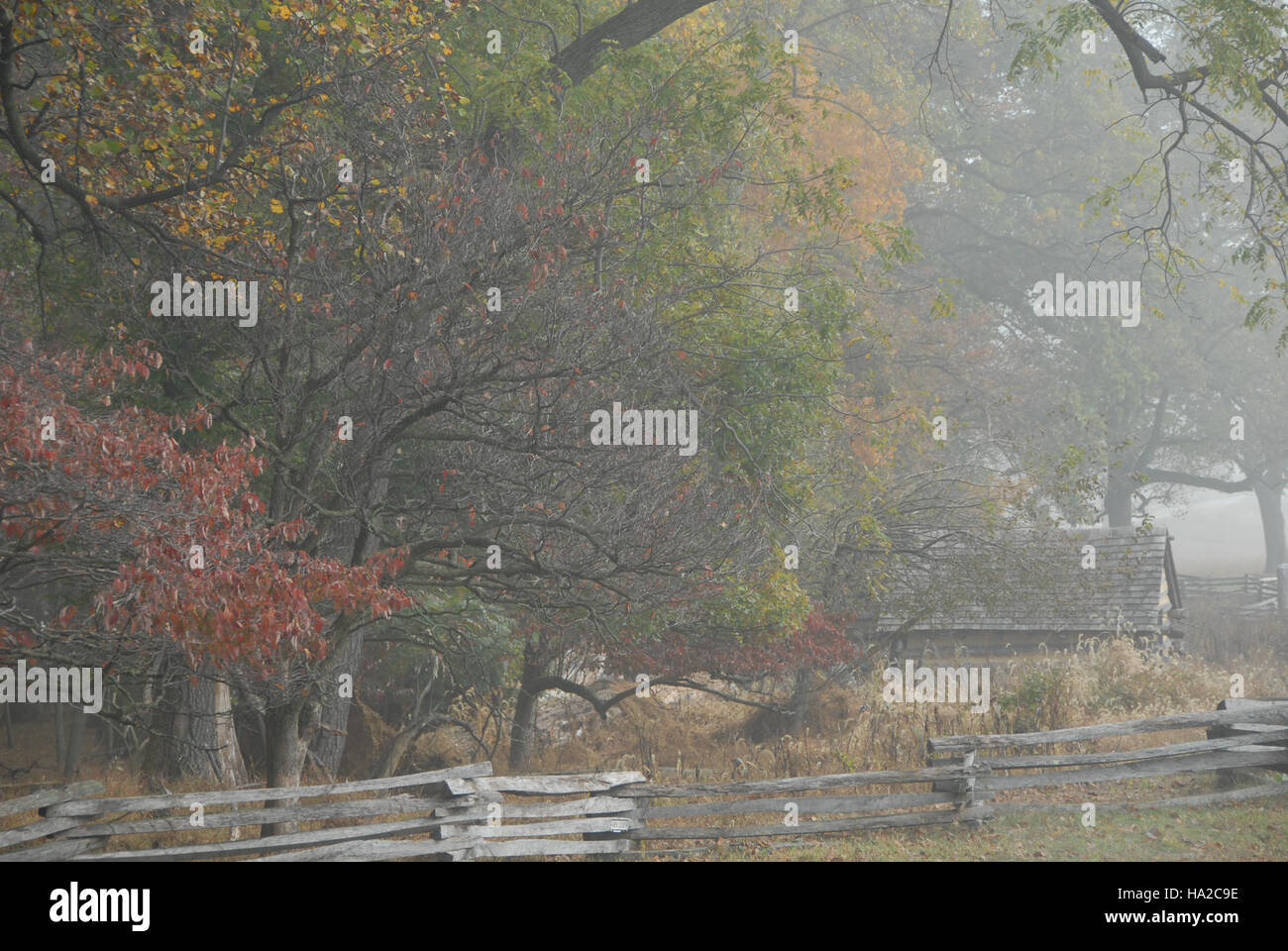 Fog settles over the historic Valley Forge National Park, creating an ...