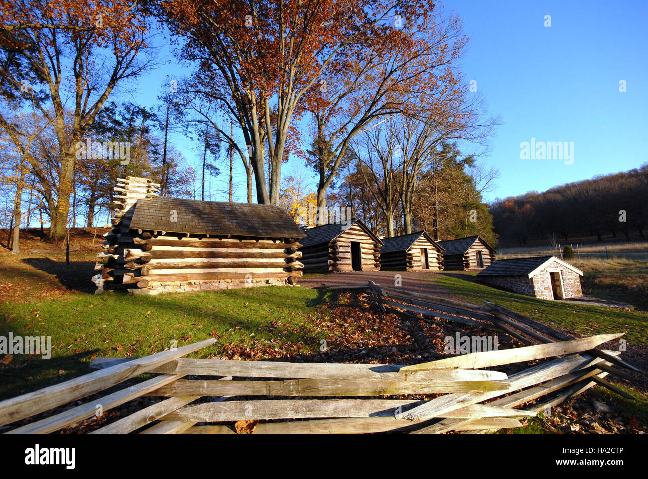 This image shows guard huts in Valley Forge National Park, a historic ...