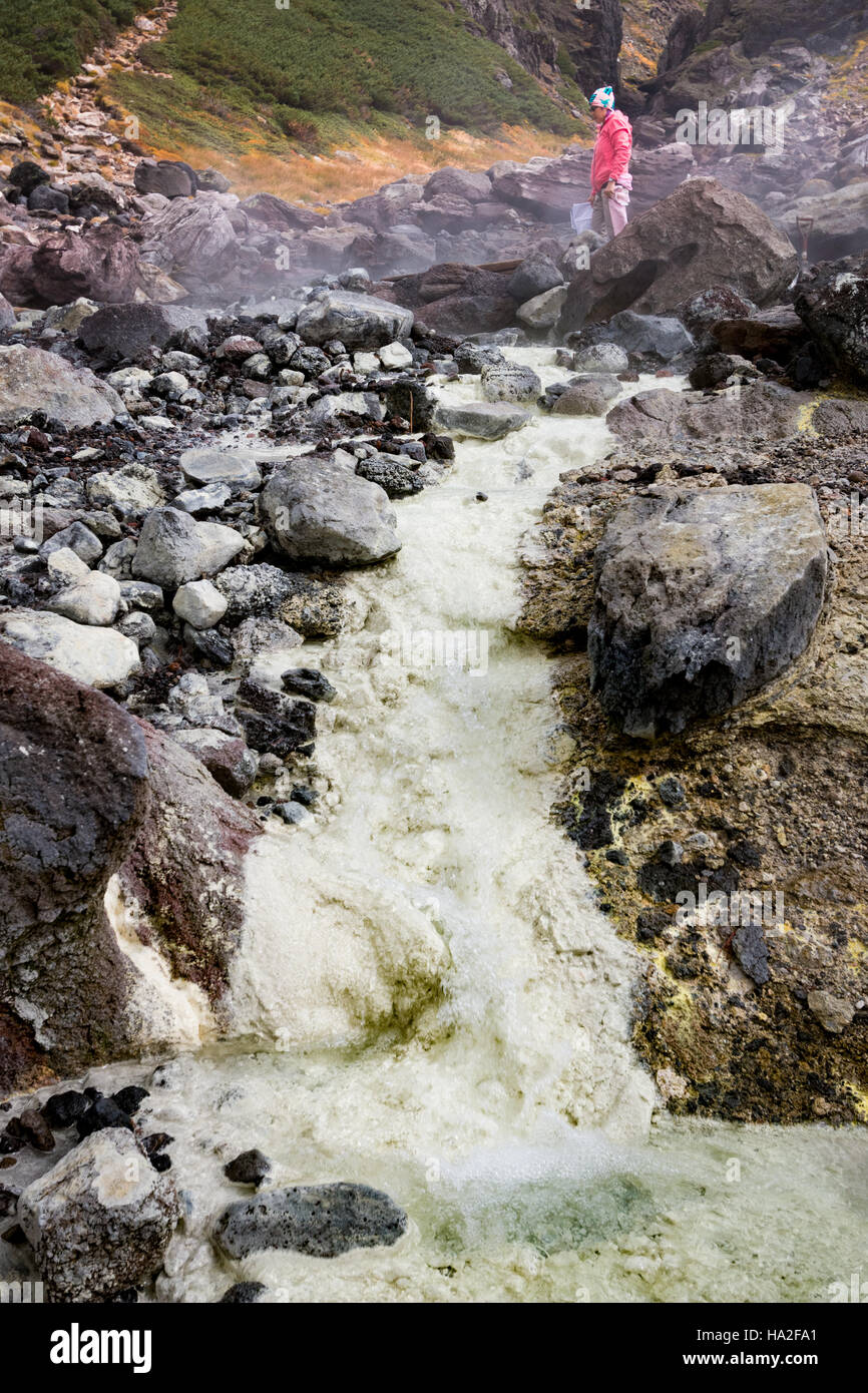 Yellow-white sulfuric mountain stream flowing from natural hot spring ...