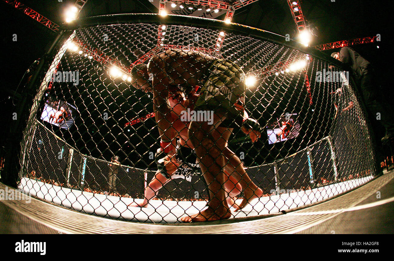 Tito Ortiz (blonde hair) and Rashad Evans grapple during UFC 73 at the ...