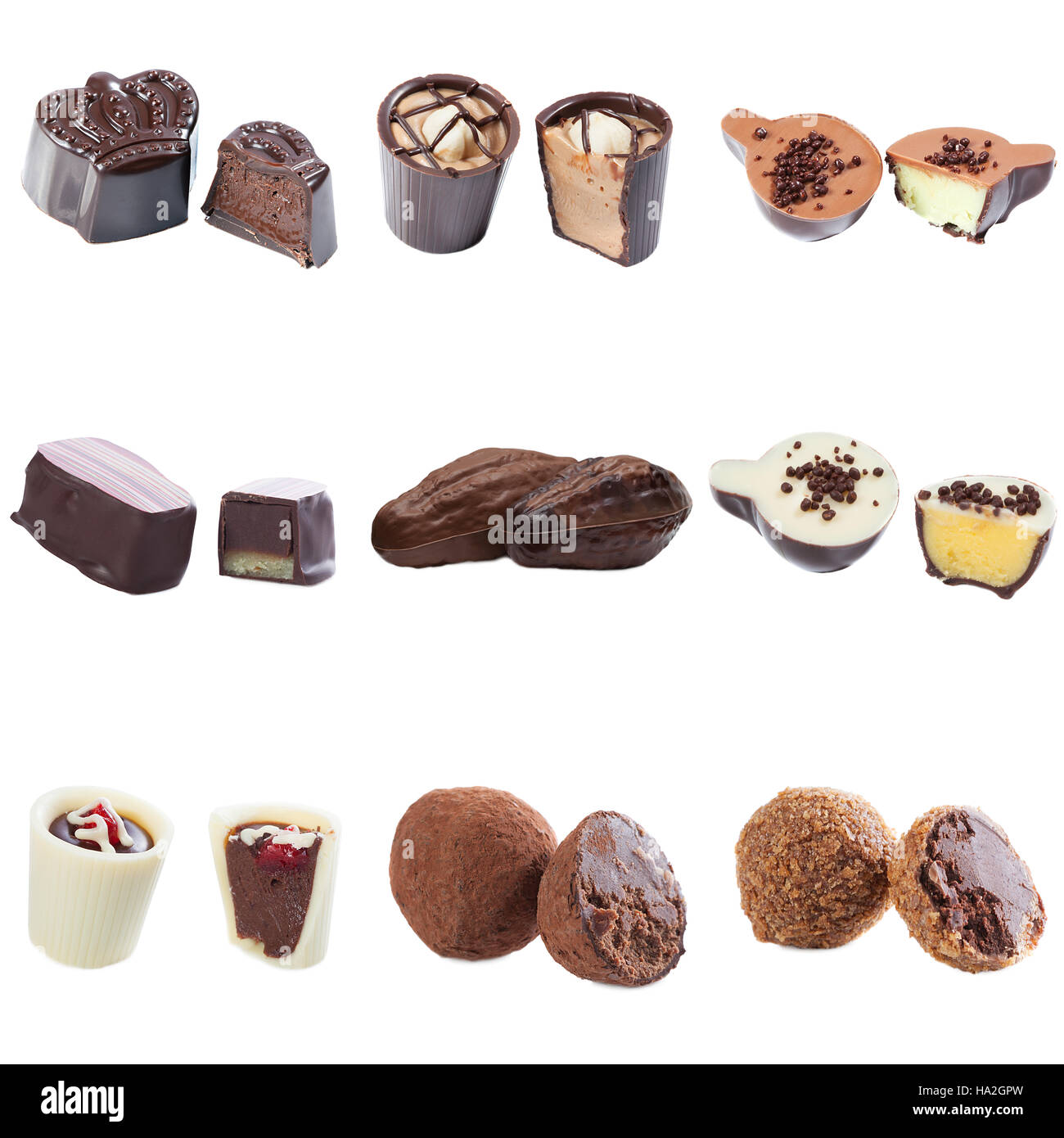 Collection of chocolate candy with cream filling isolated Stock Photo ...