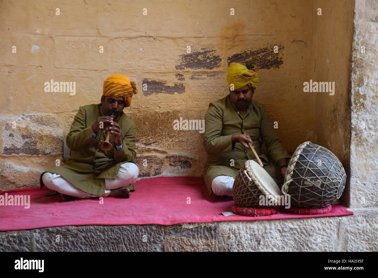 Indian men that playing traditional instruments inside Mehrangarh fort ...