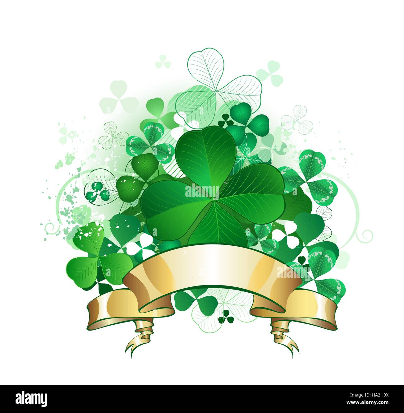 green clover with four leaves, with a gold banner on a white background ...