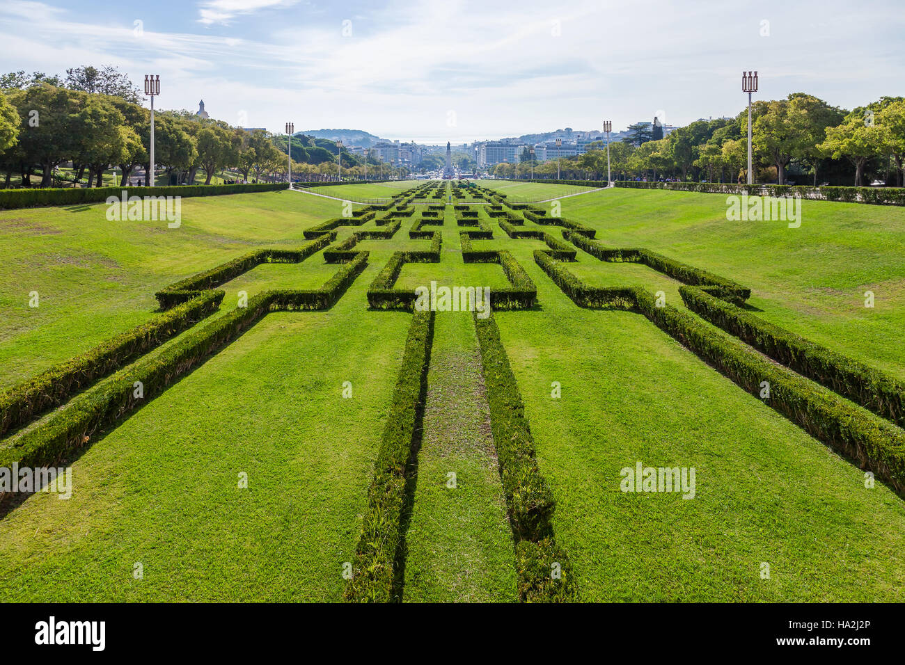 Eduardo VII Park, decorated with hedges. City center and downtown view ...