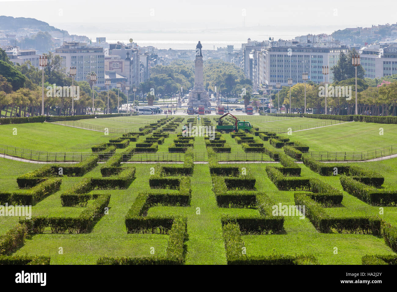 Eduardo VII Park, decorated with hedges. City center and downtown view ...