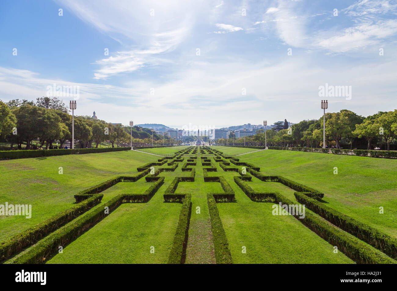 Eduardo VII Park, decorated with hedges. City center and downtown view ...