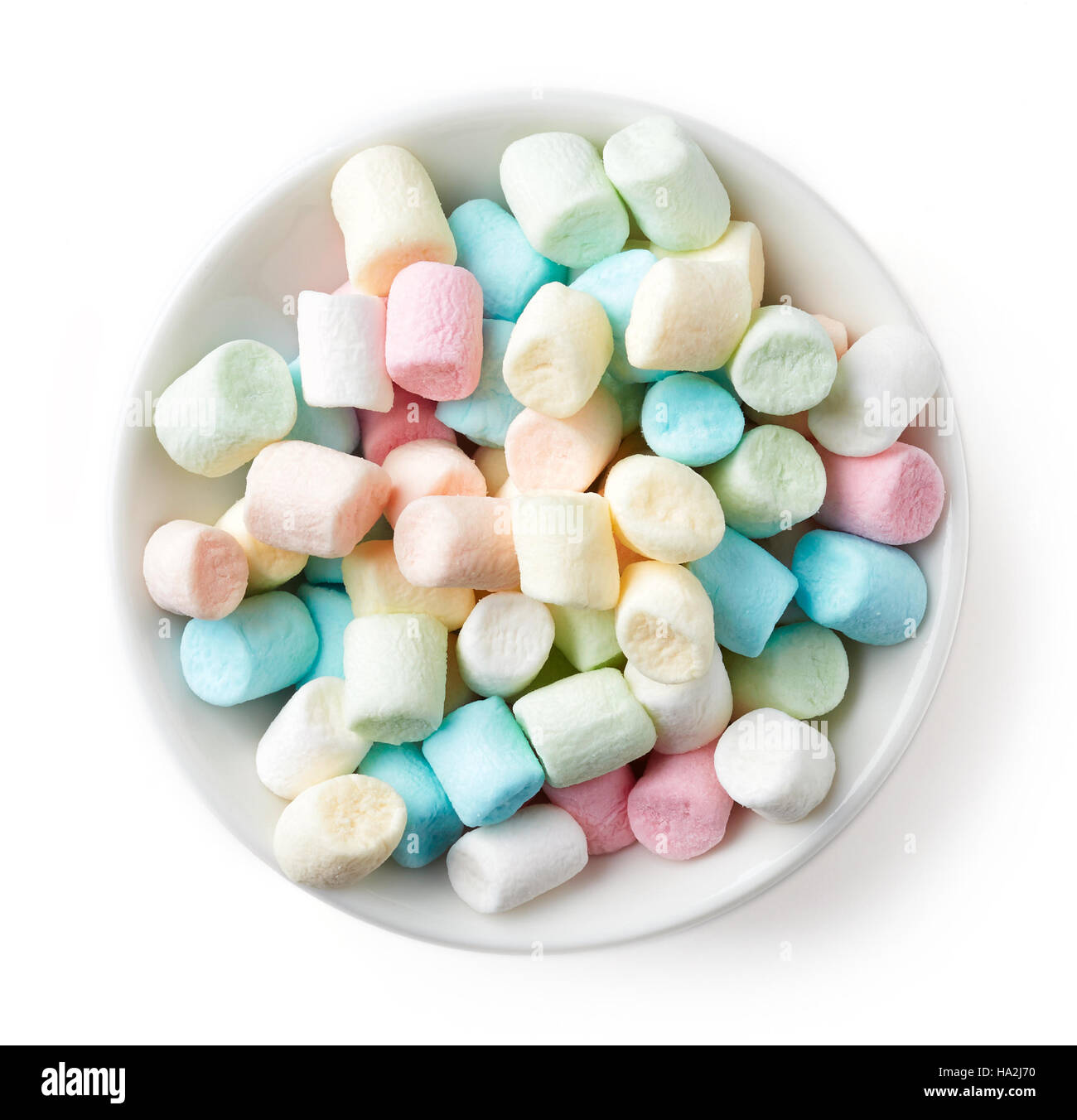 Colorful marshmallows in white bowl isolated on white background, top ...