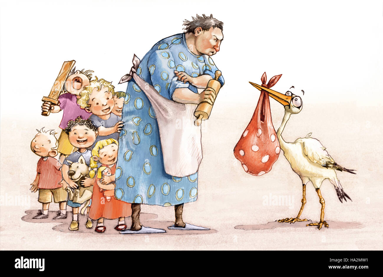 a mother with many children is angry with the stork who wants to bring ...
