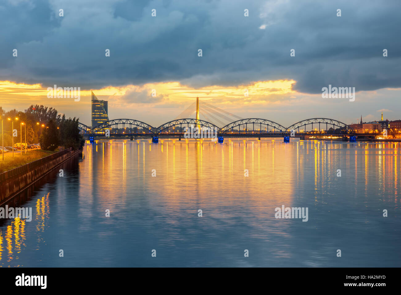 Riga cityscape night view Stock Photo - Alamy