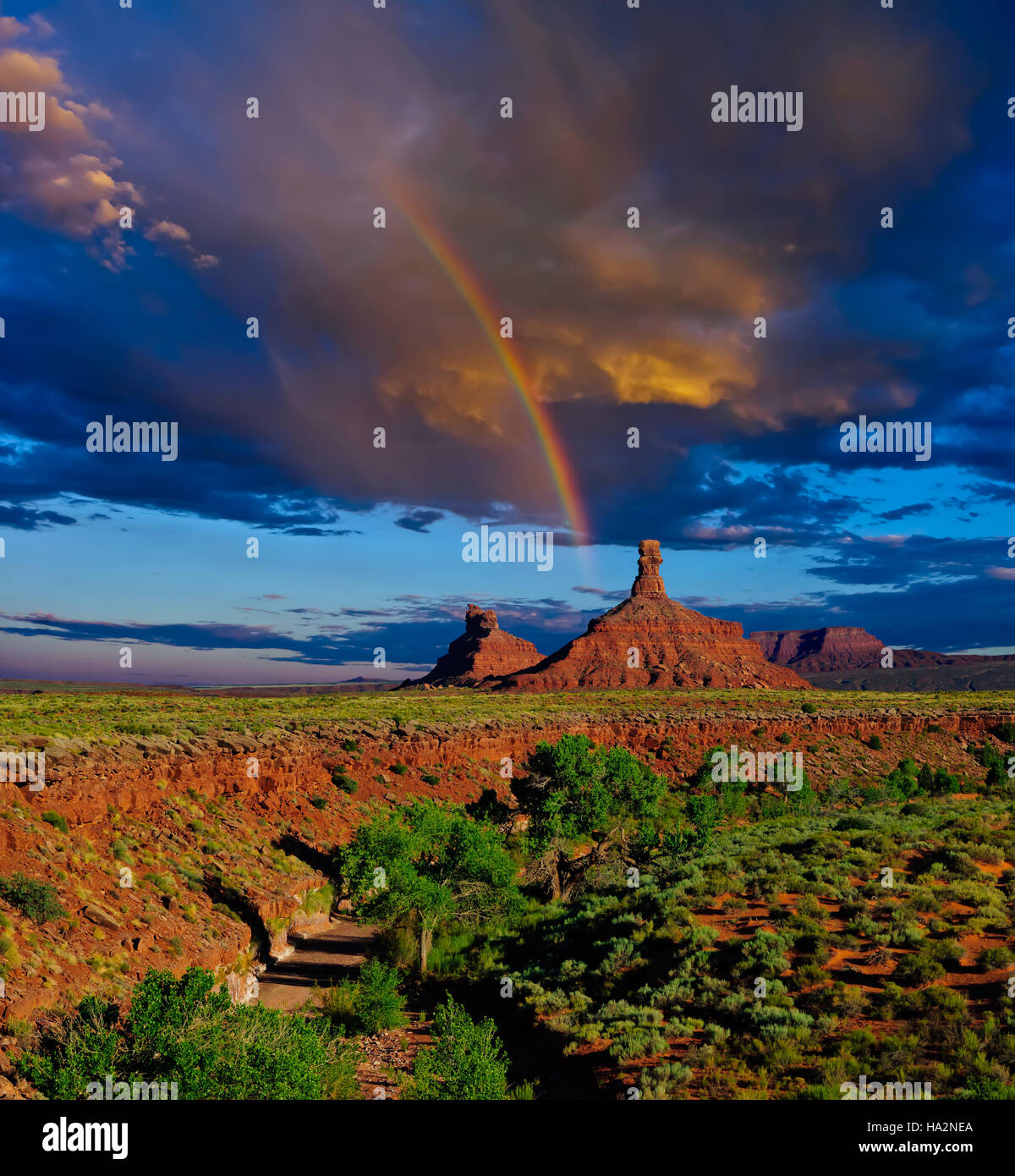Rainbow over Rooster Butte and Sitting Hen, Valley of the gods, Utah ...