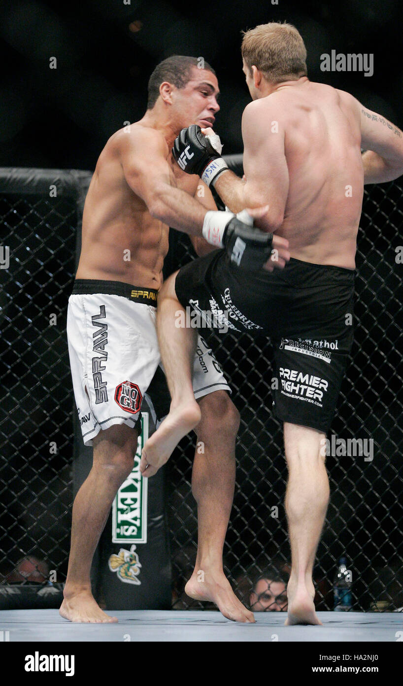 Ryan Jensen, right, fights Thales Leites at UFC 74 during a mixed ...