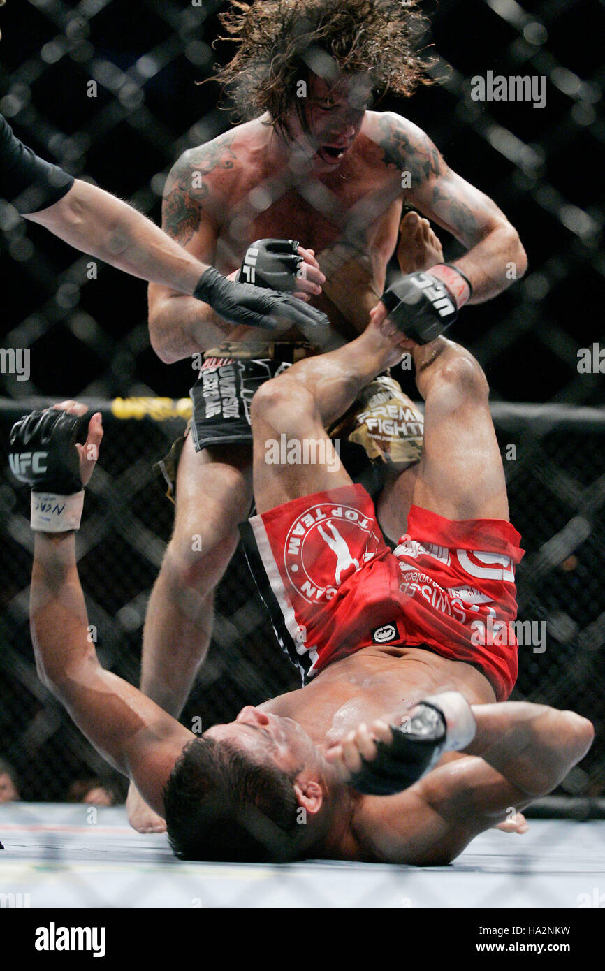 Clay Guida, top, fights Marcus Aurelio at UFC 74 during a mixed martial ...