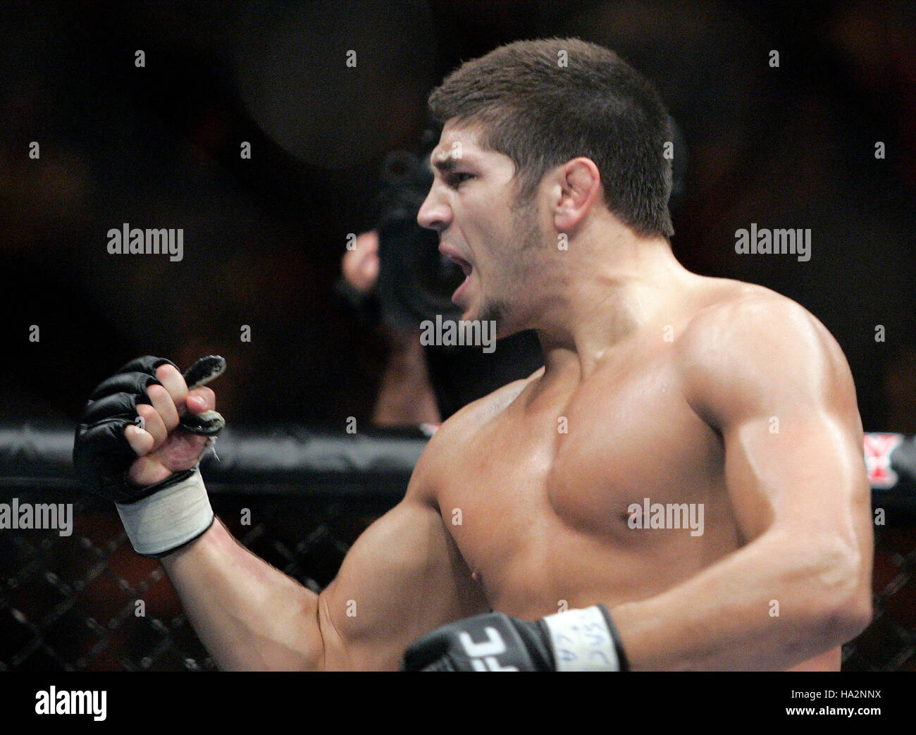 Patrick Cote after his victory over Kendall Grove at UFC 74 during a ...