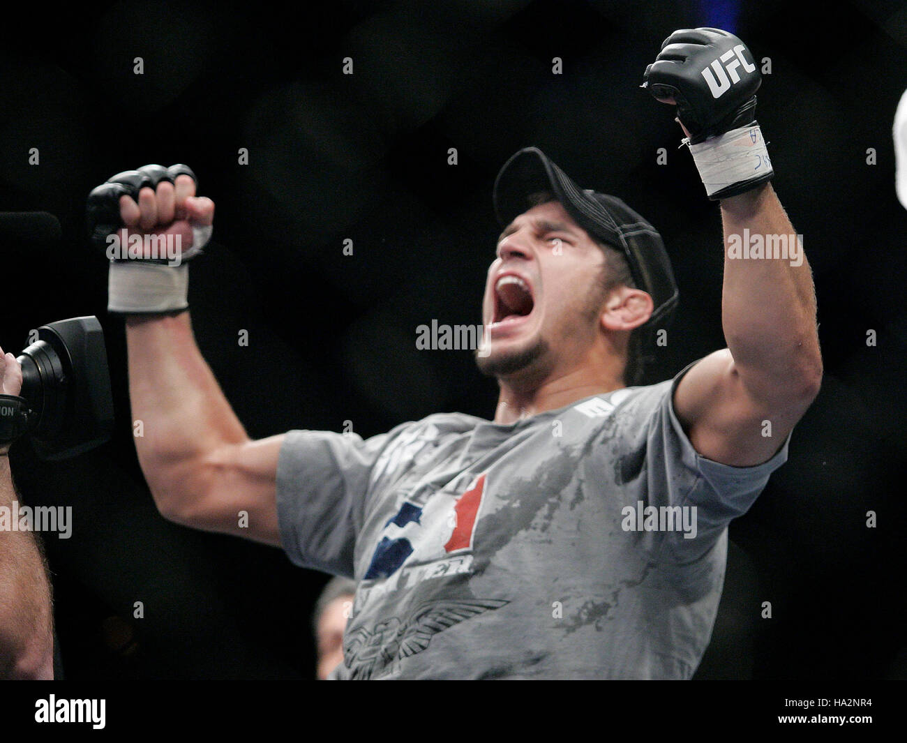 Patrick Cote celebrates his victory over Kendall Grove at UFC 74 during ...