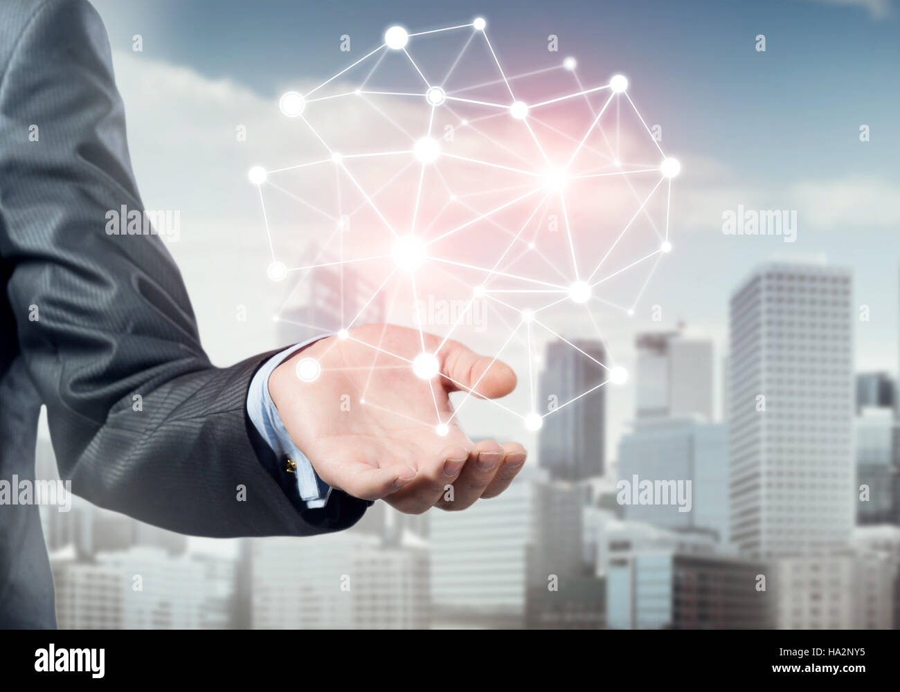 Businessman hand showing digital connection lines on city landscape ...