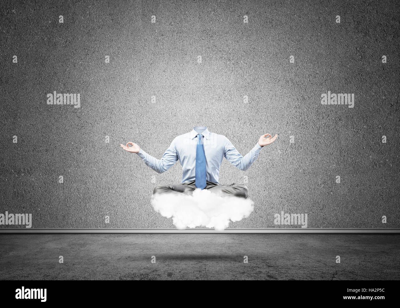 Headless businessman sitting on cloud in lotus pose and meditating ...