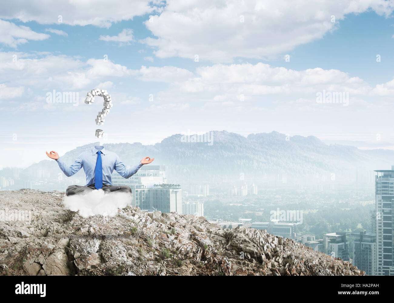 Businessman sitting in lotus pose and question mark instead of his head ...