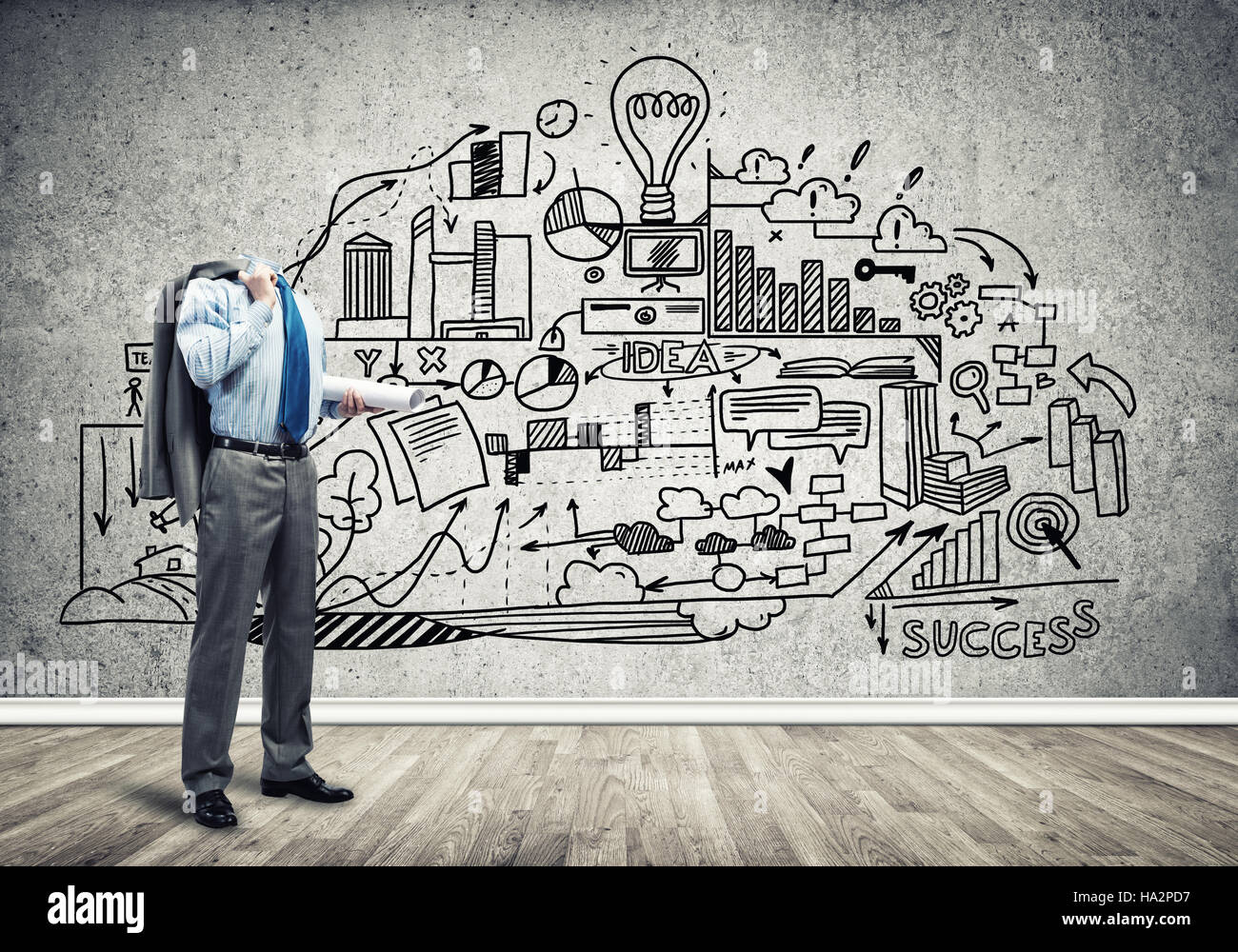 Headless engineer man with papers in hand against sketched background ...