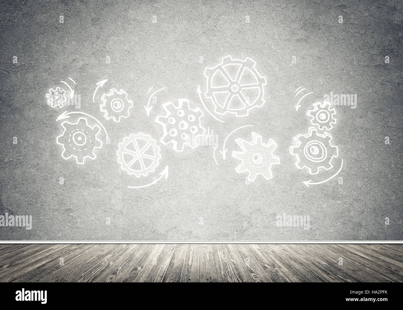 Gear hand drawn mechanism on gray wall Stock Photo - Alamy
