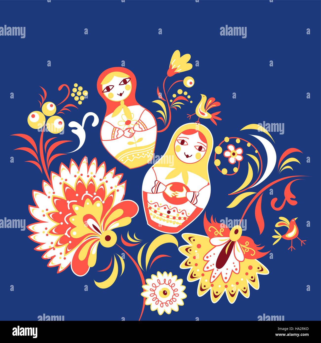 Russian decorative background with flowers and dolls Stock Vector Image ...