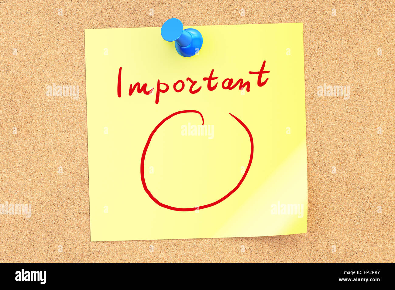 Important text on a sticky note pinned to a corkboard. 3D rendering ...