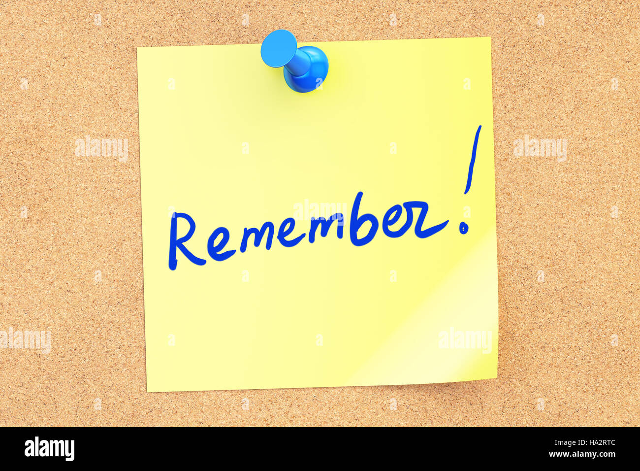 Remember text on a sticky note pinned to a corkboard. 3D rendering ...