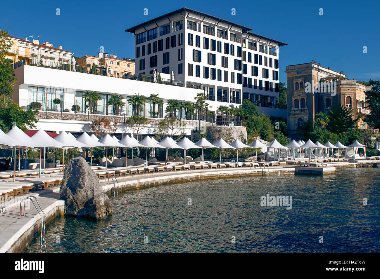 Waterfront with luxury beach and residences in Opatija, Croatia Stock ...
