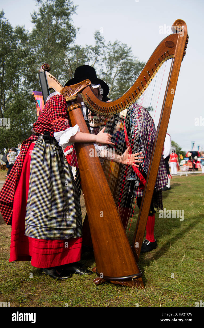 Women in traditiona welsh costume playing the harp at The National ...
