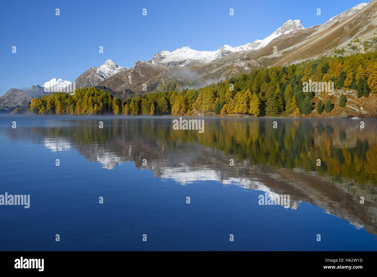 Lake and mountain landscape, Engadin valley, Graubunden, Switzerland ...