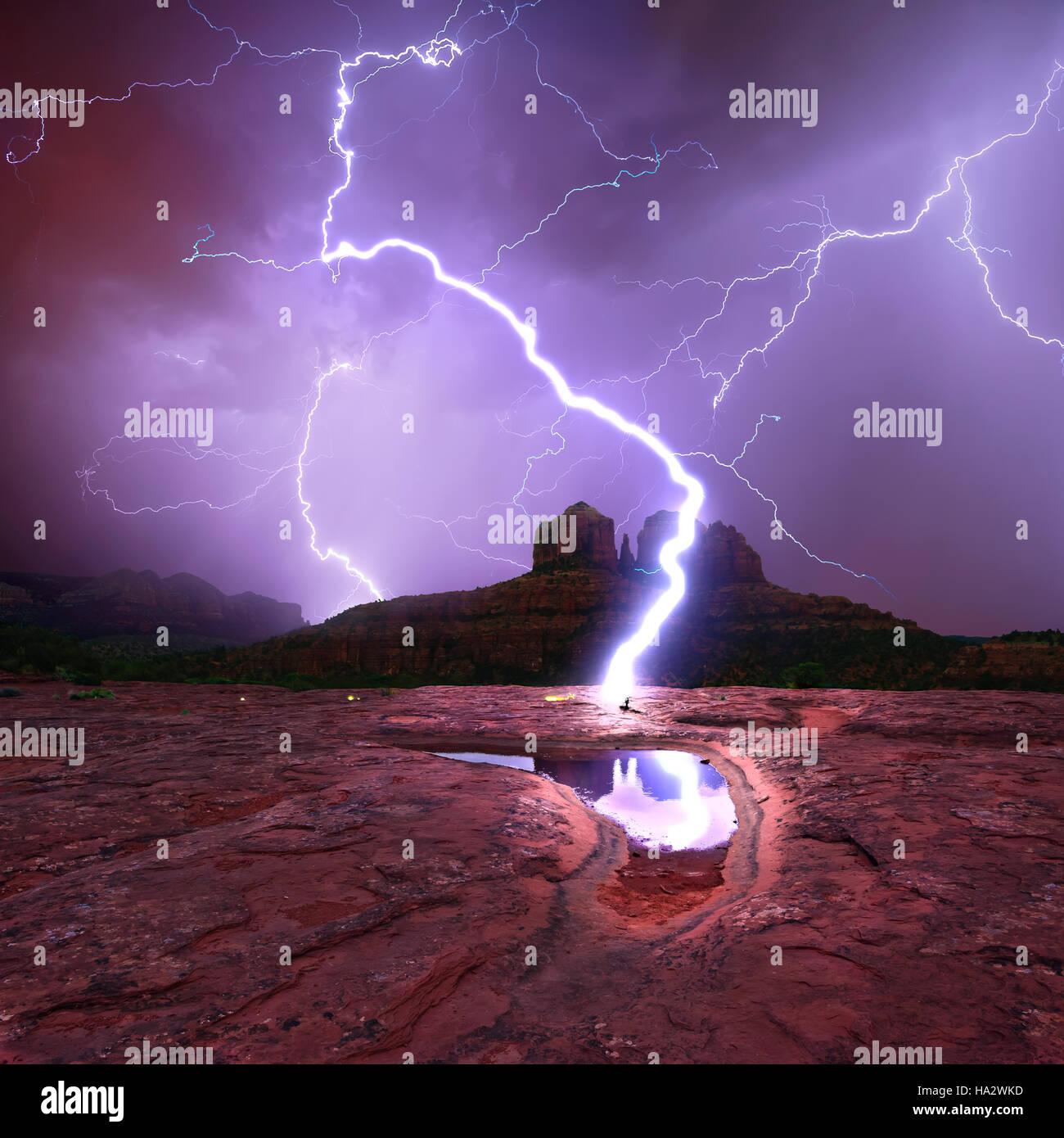 Lightning over Slick Rock Cliff, Sedona, Arizona, United States Stock ...