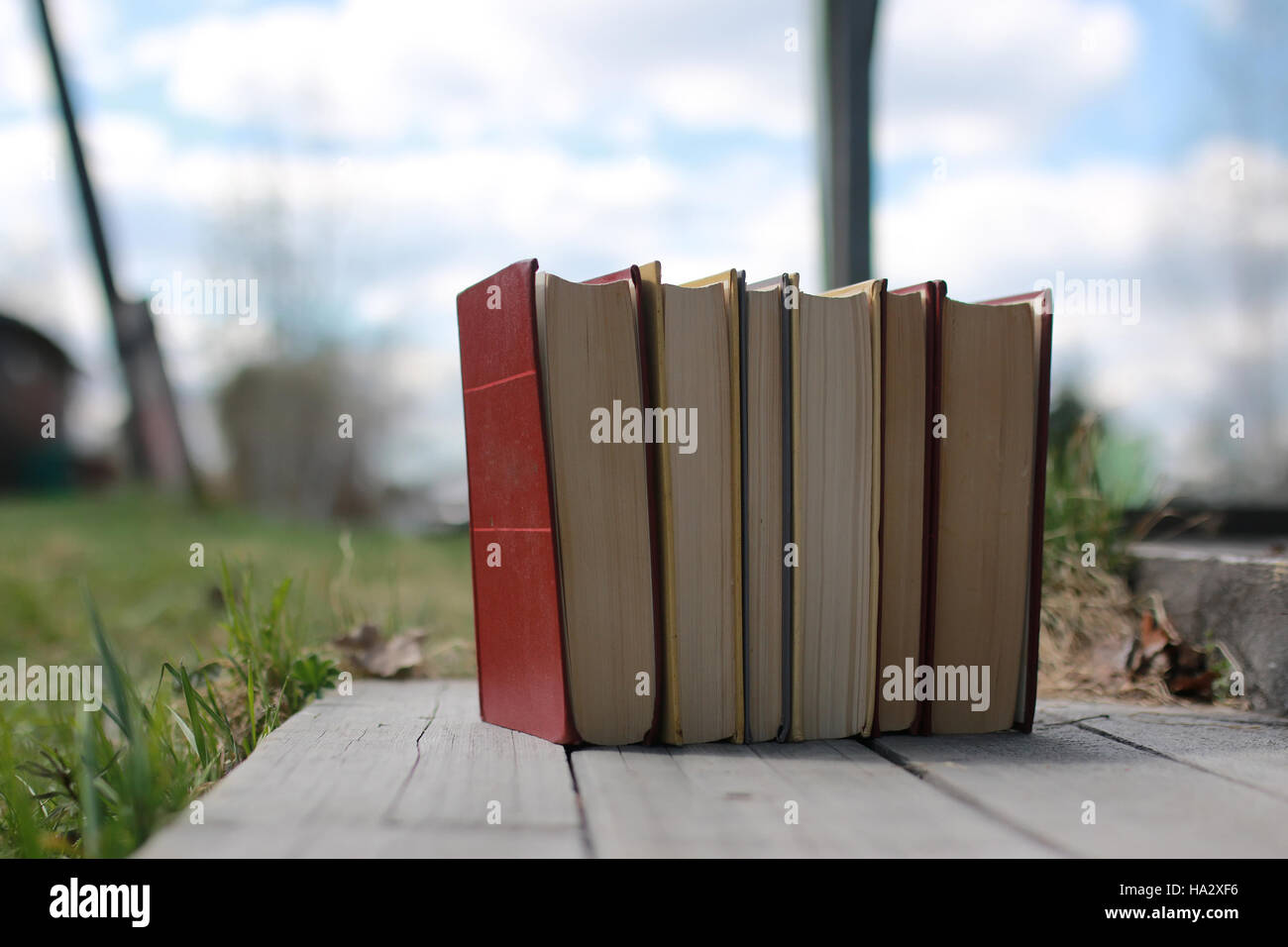 books standing on a table Stock Photo - Alamy