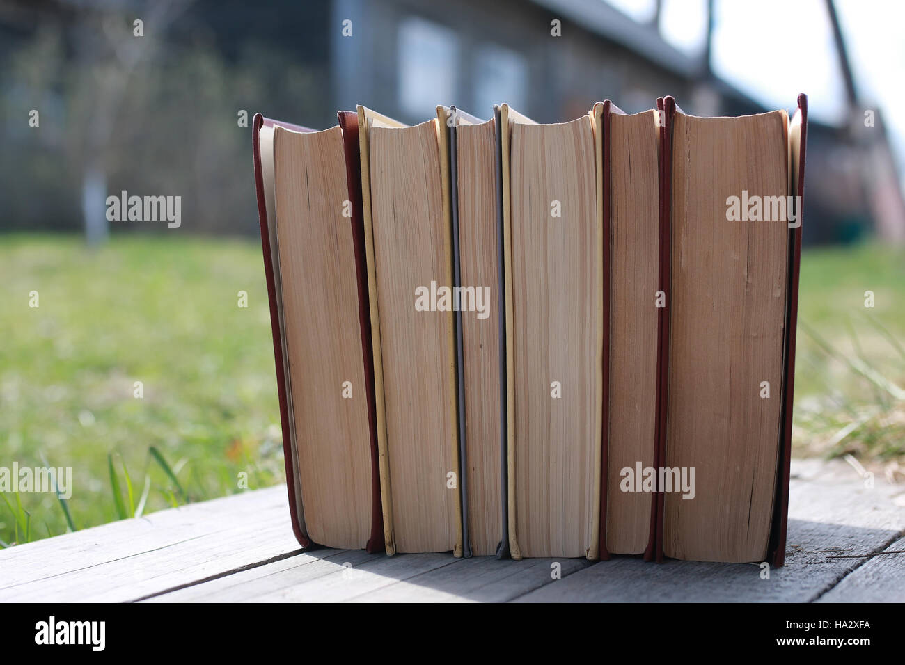 books standing on a table Stock Photo - Alamy