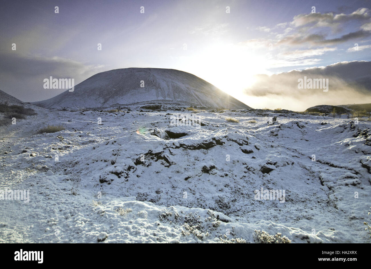 Volcano in winter landscape, Grabrok, Iceland Stock Photo - Alamy