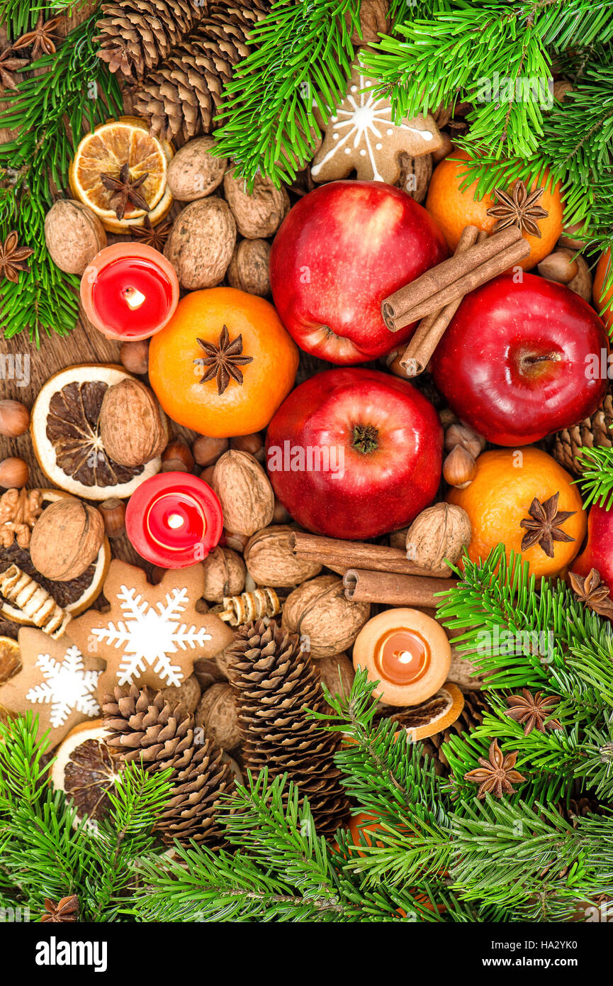 Christmas food background. Fruits, cookies, spices and nuts Stock Photo ...