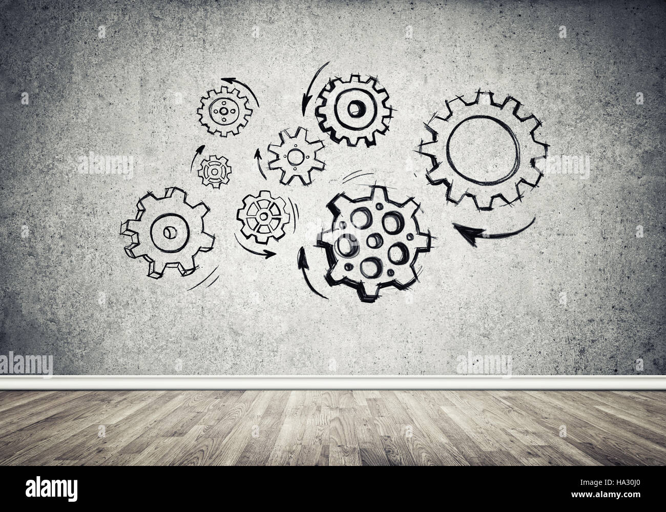 Gear hand drawn mechanism on gray wall Stock Photo - Alamy