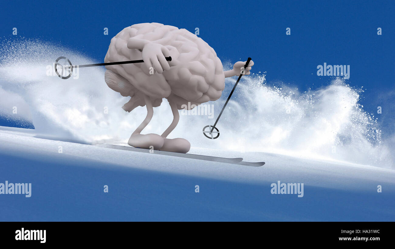 human brain with arms and legs that is skiing flat style, 3d ...